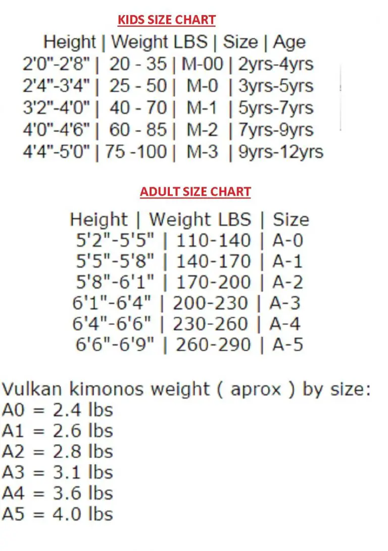 Vulkan Gi Size Chart - Origin Fighter